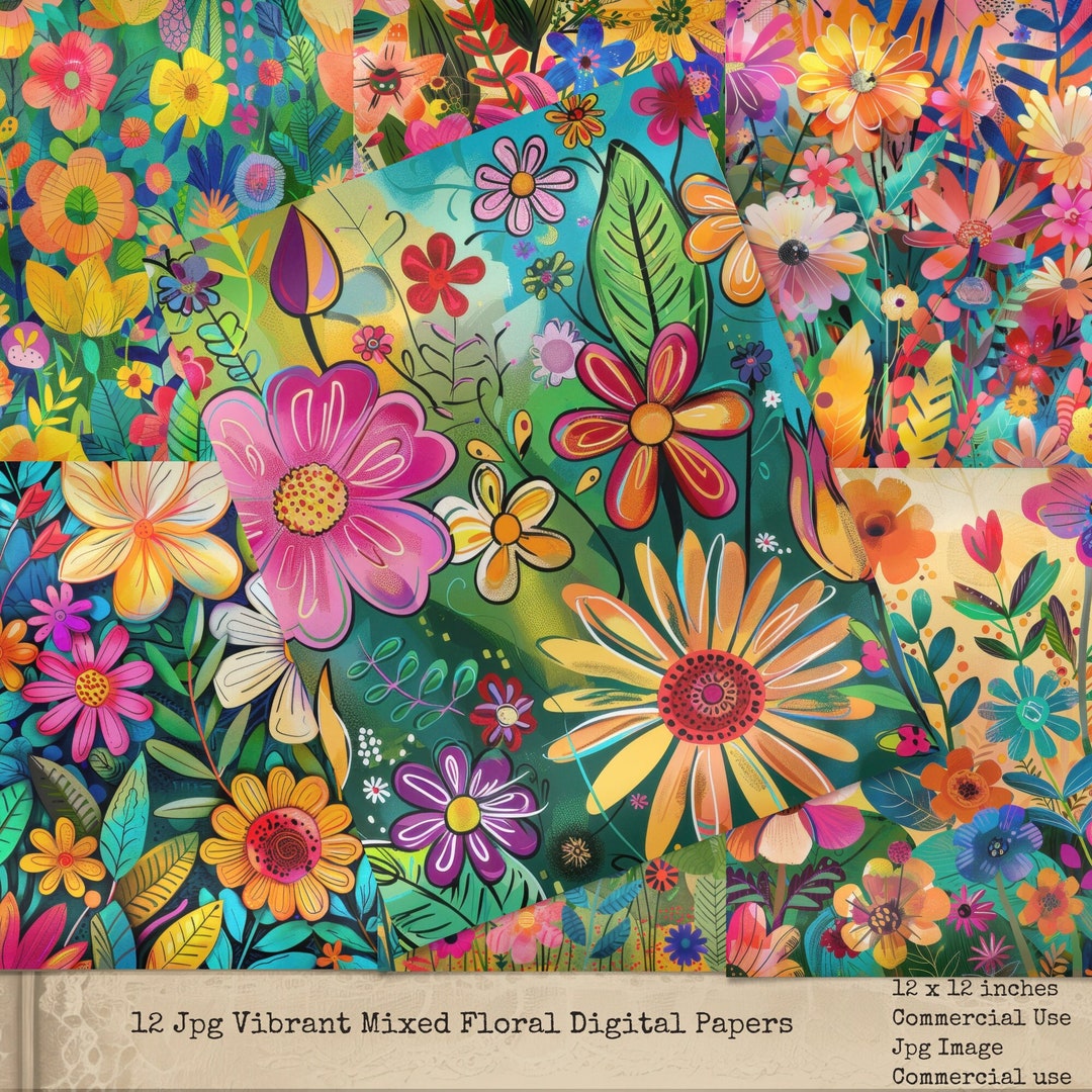Printable Papers, Vibrant Flower Digital Papers, Garden Floral Junk ...