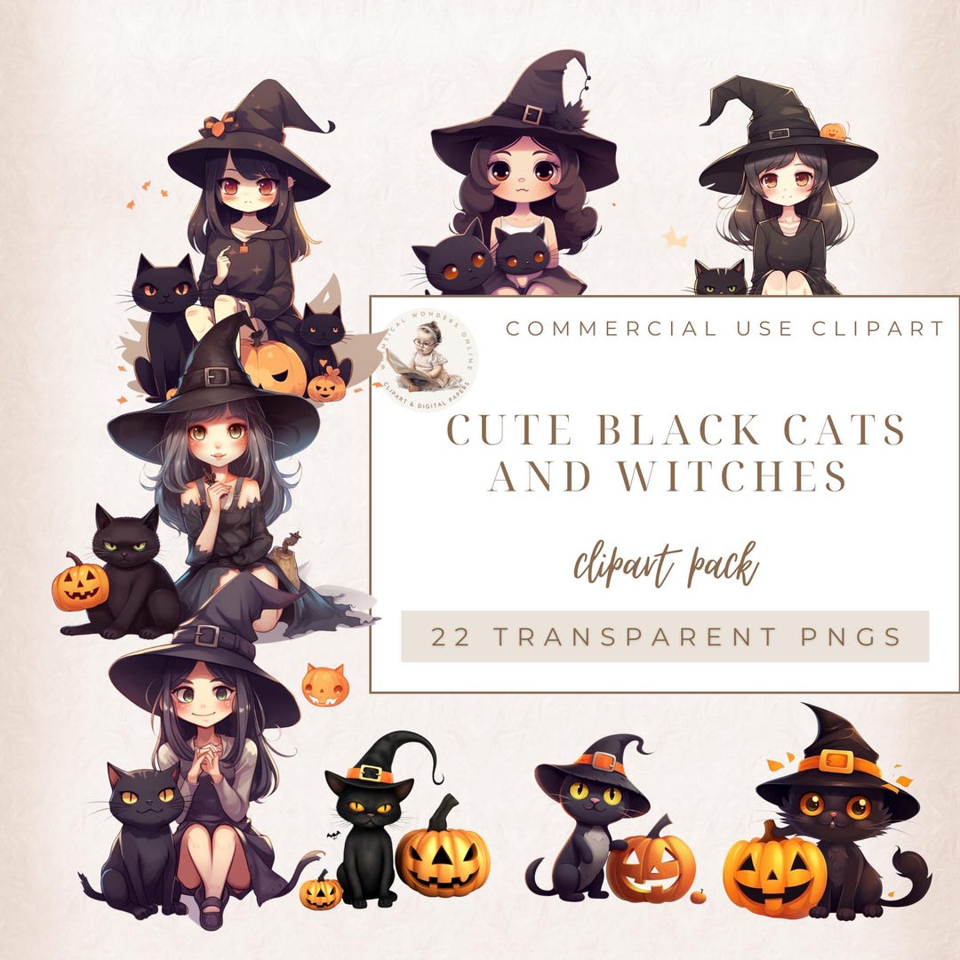 Witches and Black Cats Clipart, Watercolor Clipart, Witch Clipart ...