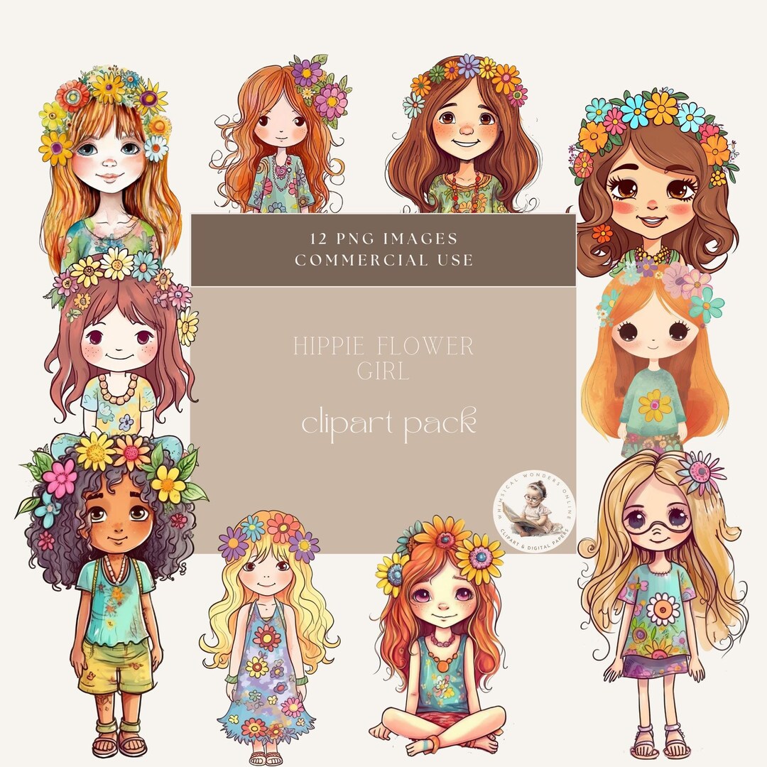 Hippie Clipart, Hippie Flower Power Girls, Hippie Boho PNG, Hippie Girl ...
