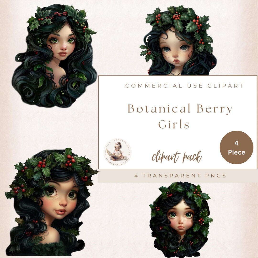 Botanical Berry Girl Portraits, Garden Girl, Nature Clipart, Christmas ...
