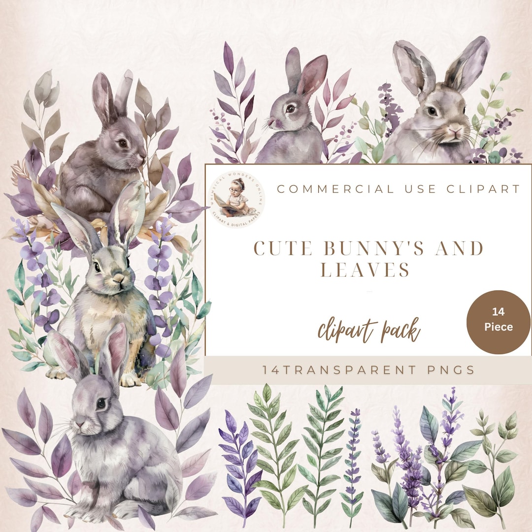 Cute Bunnies, Baby Shower Clipart, Rabbit Clipart, Bunny and Leaves ...