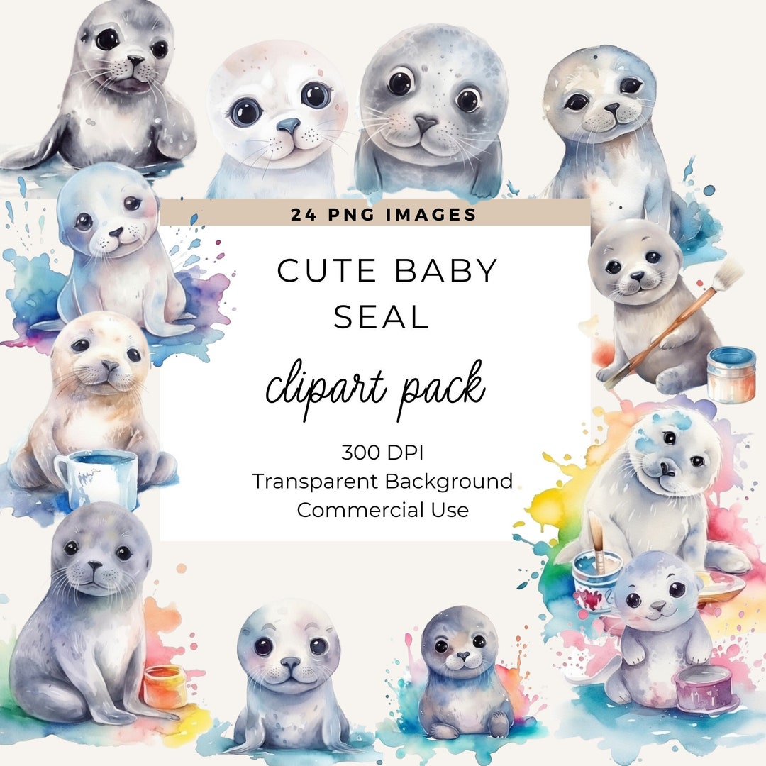 Watercolor Baby Seal Clipart, Cute Animal Clipart Bundle, Ocean Animal ...