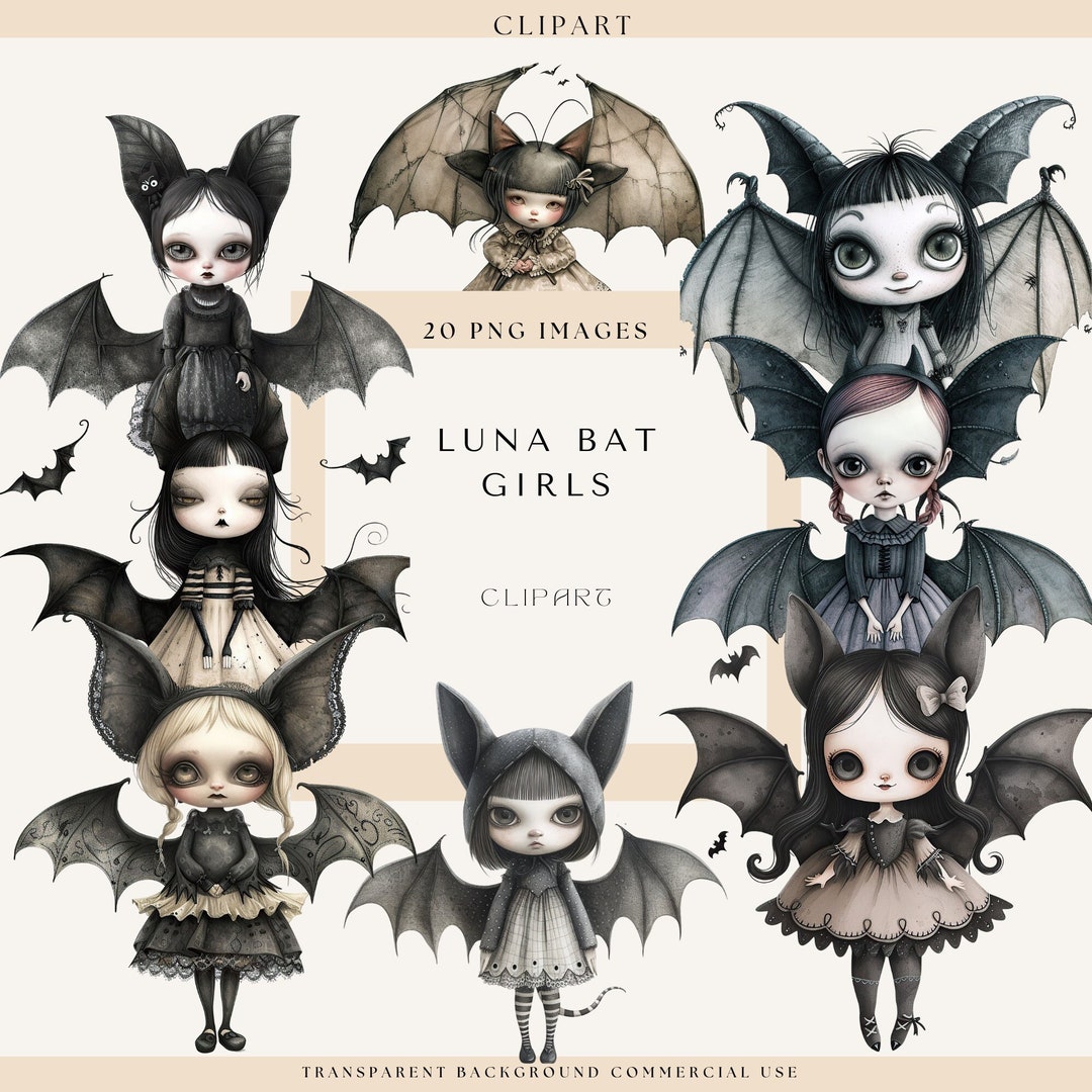 Luna Bat Girl Clipart, Bat Clipart, Quirky Girl Clipart, Halloween ...