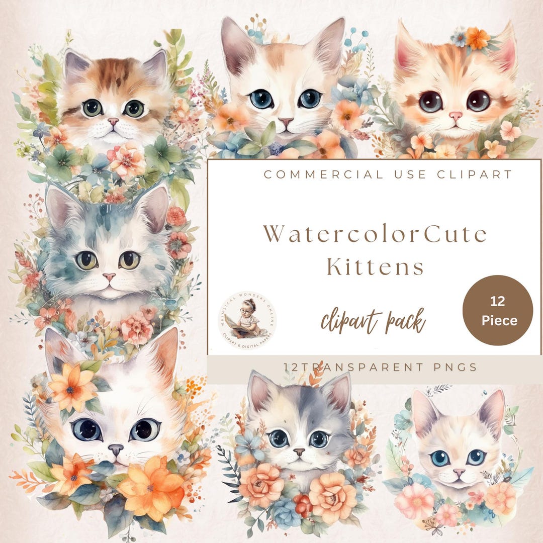 Watercolor Floral Kitten Clipart Bundle,kitten Graphics,kitten ...