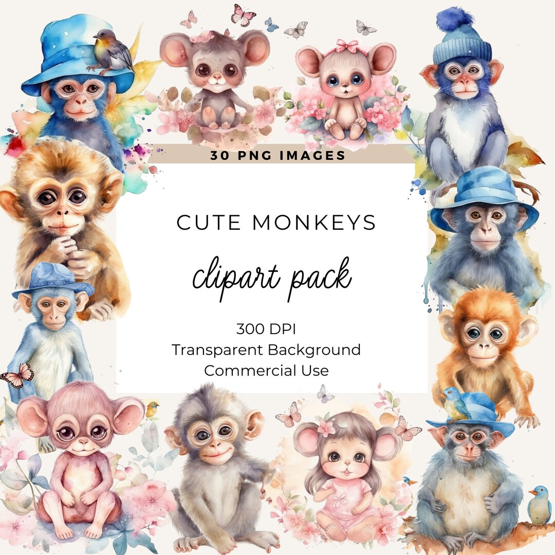 Cute Watercolor Baby Monkey Clipart Set Monkey PNG Baby - Etsy