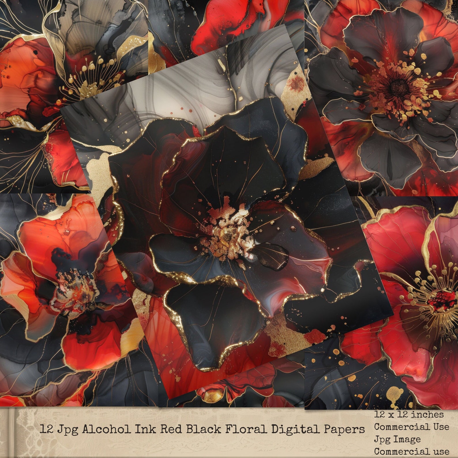 Printable Papers, Alcohol Ink Flower Digital Papers, Gothic Flower Junk ...