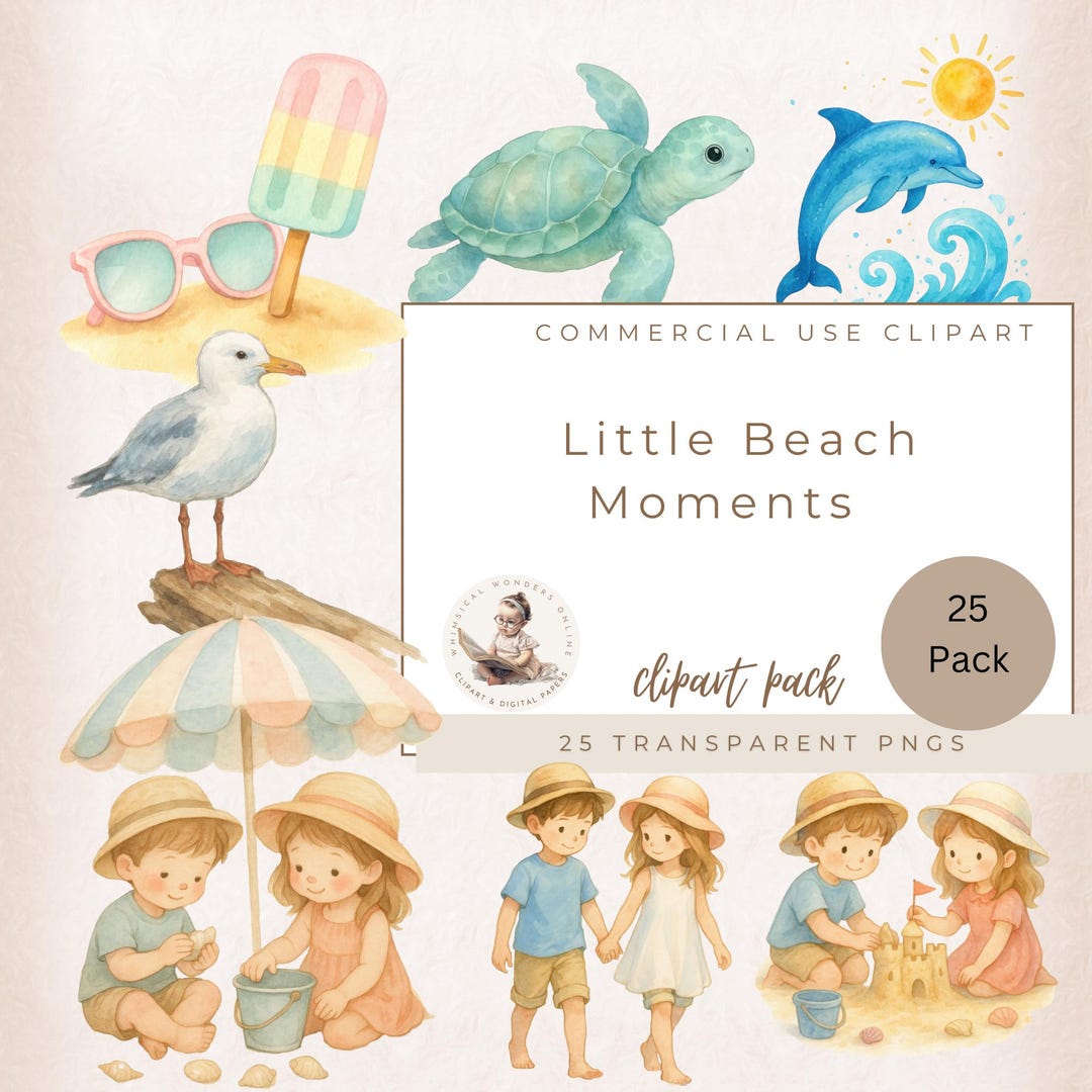 Beach Clipart Set, Watercolor Kids at the Beach, Seashells, Sandcastle ...