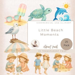 Beach Clipart Set, Watercolor Kids at the Beach, Seashells, Sandcastle ...