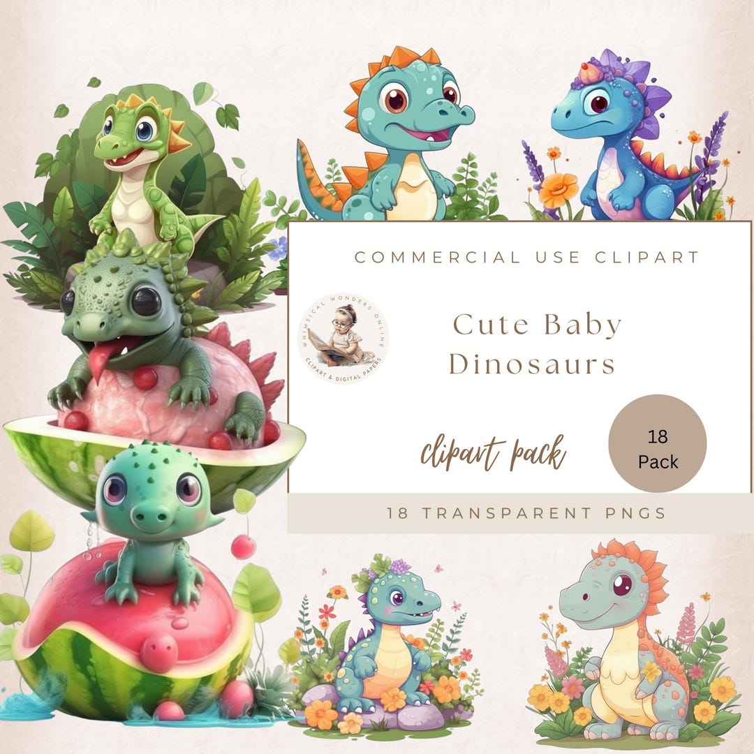 Watercolor Dinosaurs, Cute Baby Dino Clipart, Digital Download, Floral ...