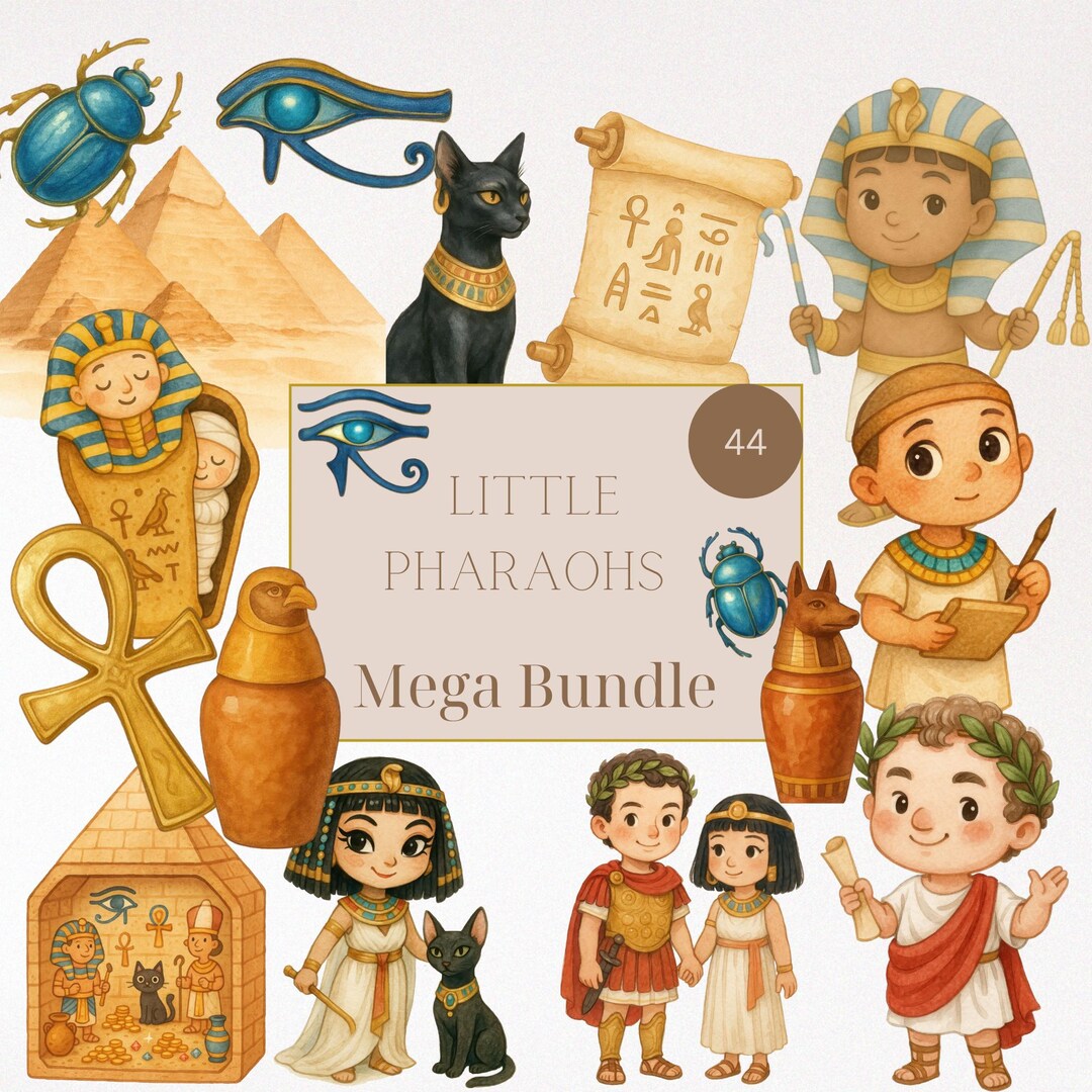 Cute Ancient Egypt Clipart Bundle, Baby Cleopatra, Pharaohs, Pyramids ...