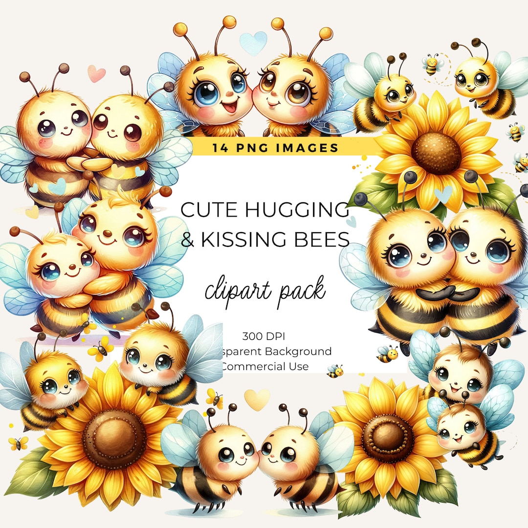 Bee Watercolor Clipart Cute Bees Hugging Bees Kissing - Etsy