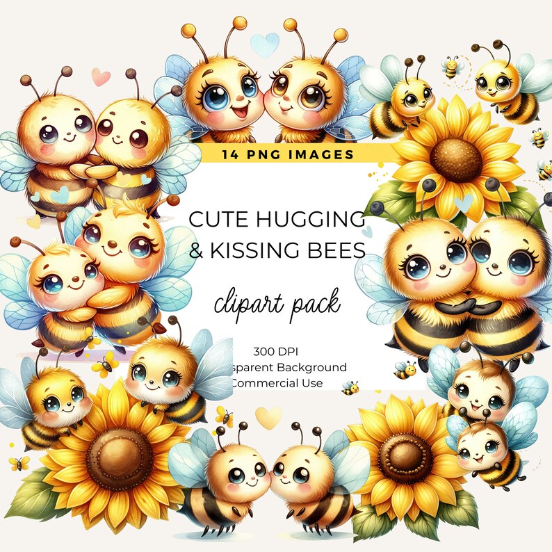 Bee Watercolor Clipart Cute Bees Hugging Bees Kissing - Etsy