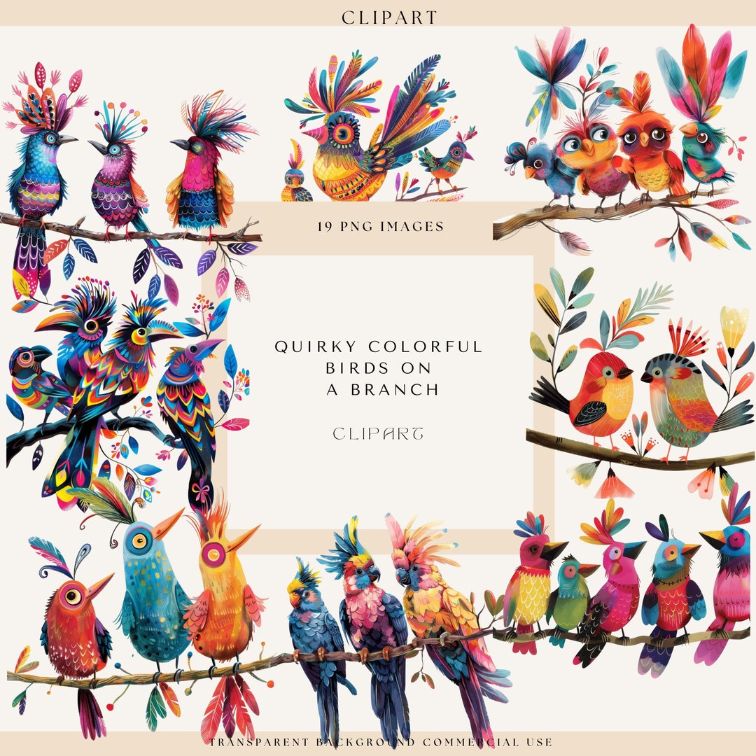 Quirky Bird Clip Art, Birds on A Branch, Funny Birds, Pets Clipart ...