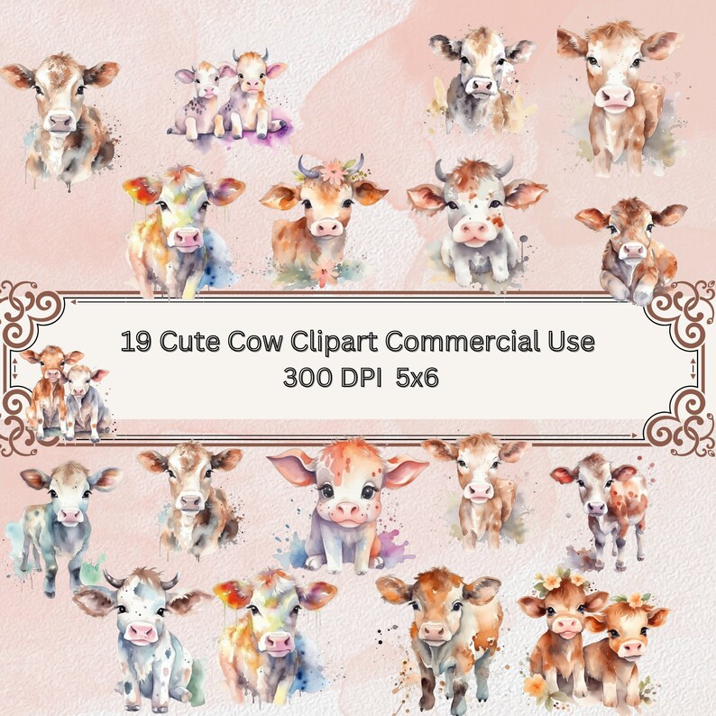 Cute Cow Clipart Digital Download Watercolor Clipart Animal - Etsy