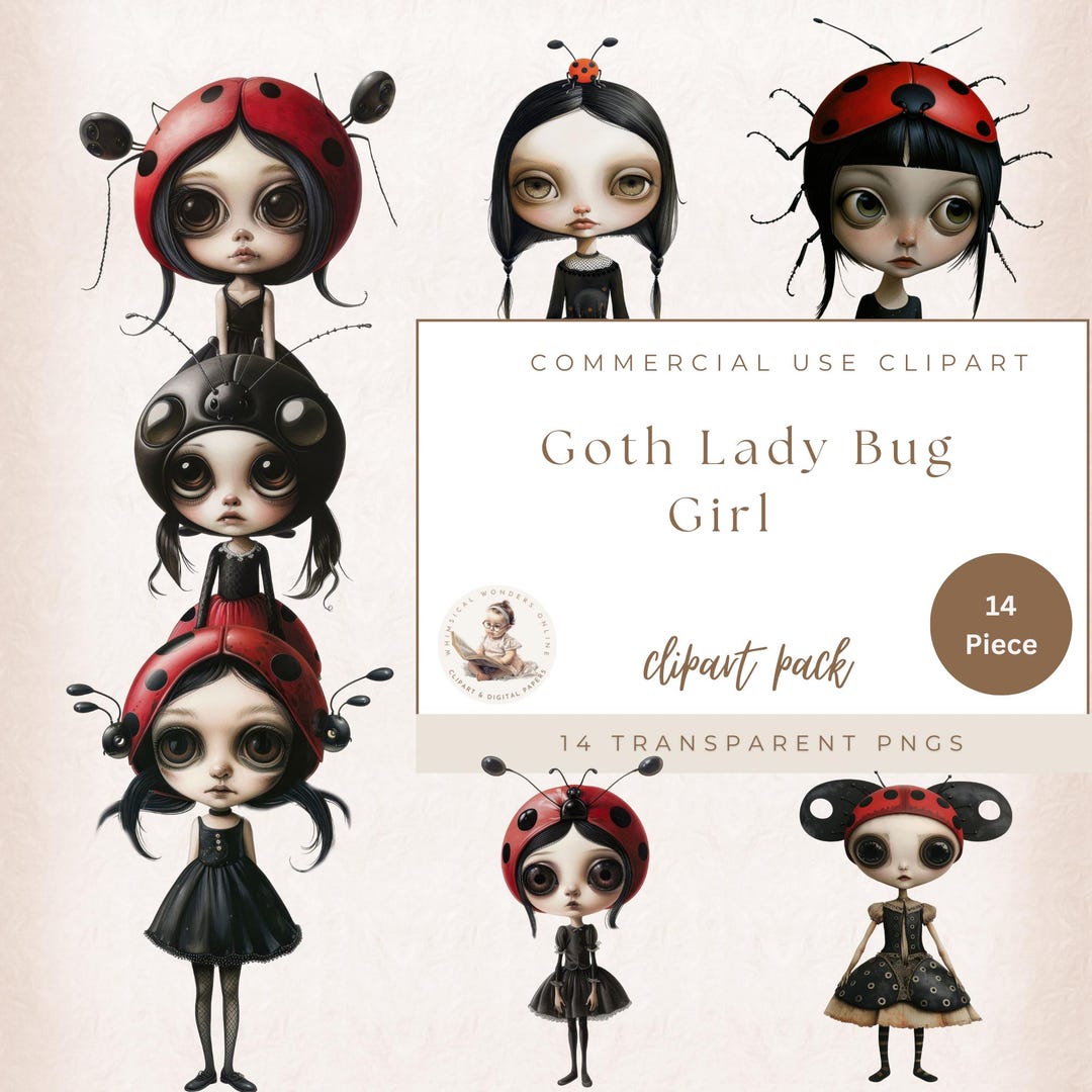 Quirky Whimsy Goth Ladybug Girl, Insect Clipart, Whimsical Clipart ...