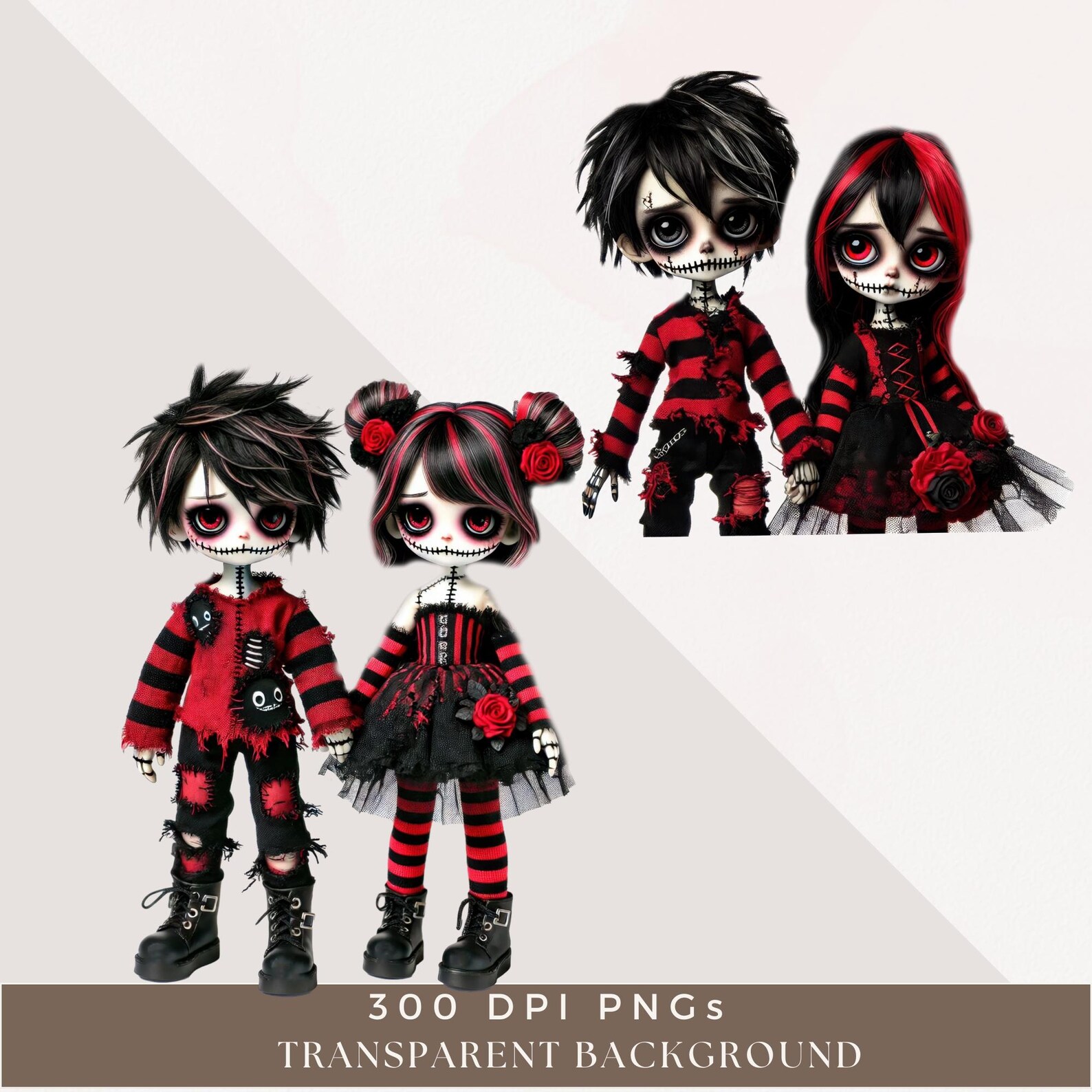 Gothic Girls and Boys Clipart Pack, Dark Red and Black Goth Dolls ...