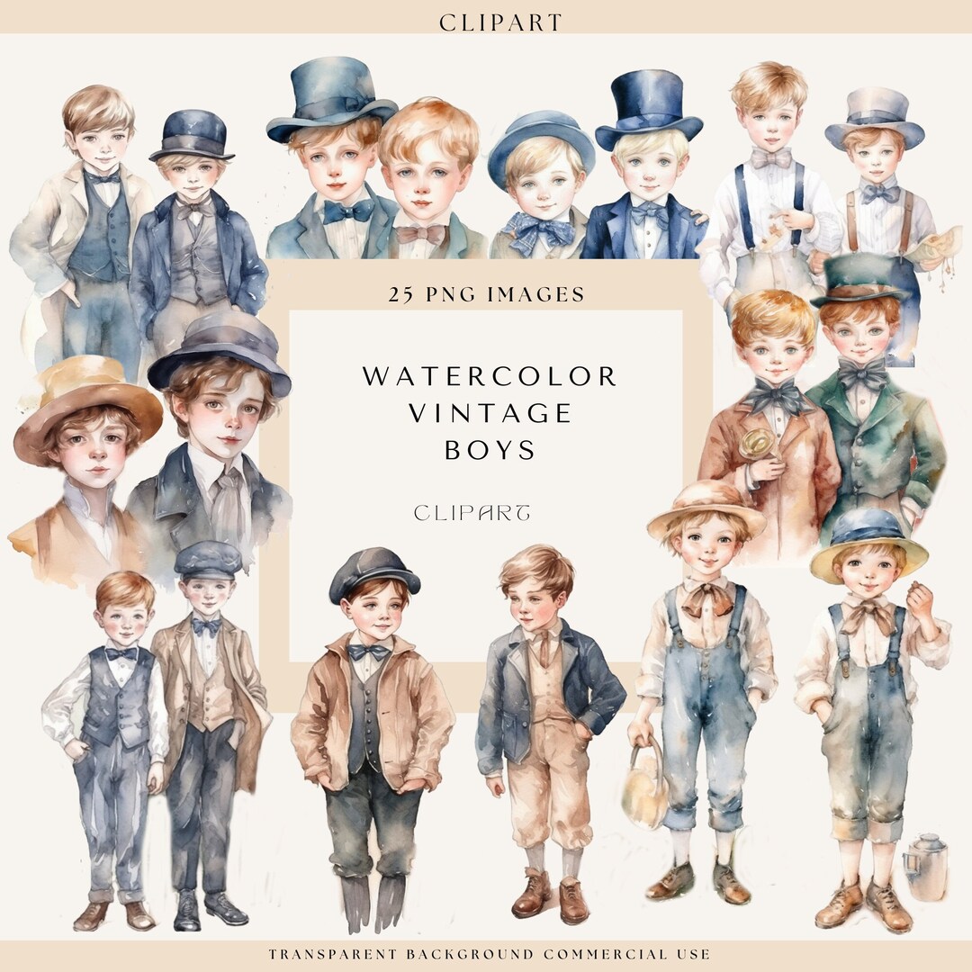 Vintage Boys Clipart, Victorian PNG, Watercolor Clipart, Scrapbook Junk ...