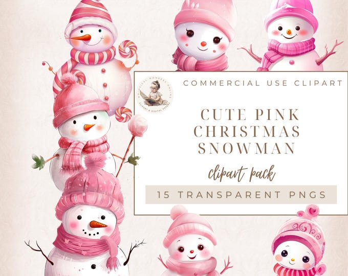 15 Christmas Pink Snowman Clipart Bundle, Cute Winter Illustration ...