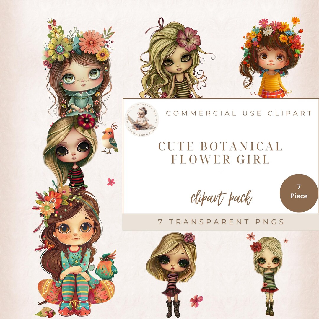 Botanical Flower Girl Clipart, Transparent PNG, Garden Ephemera, Flower ...