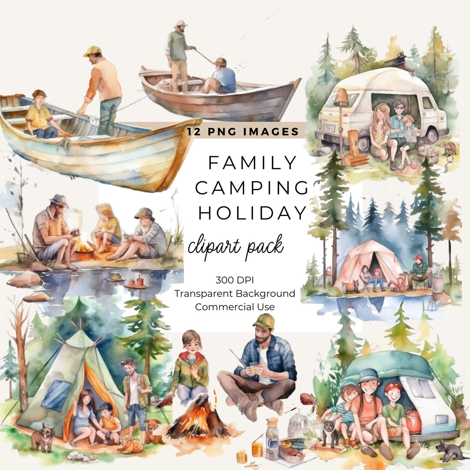 Family Camping Clipart, Fishing Camping in Tents, Travel Clip Art ...