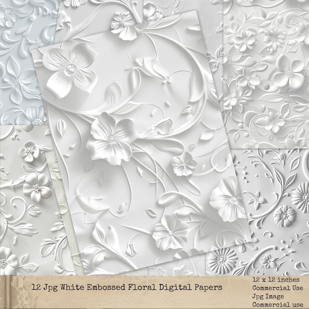 White Embossed Floral Digital Flower Papers, Digital Wedding ...