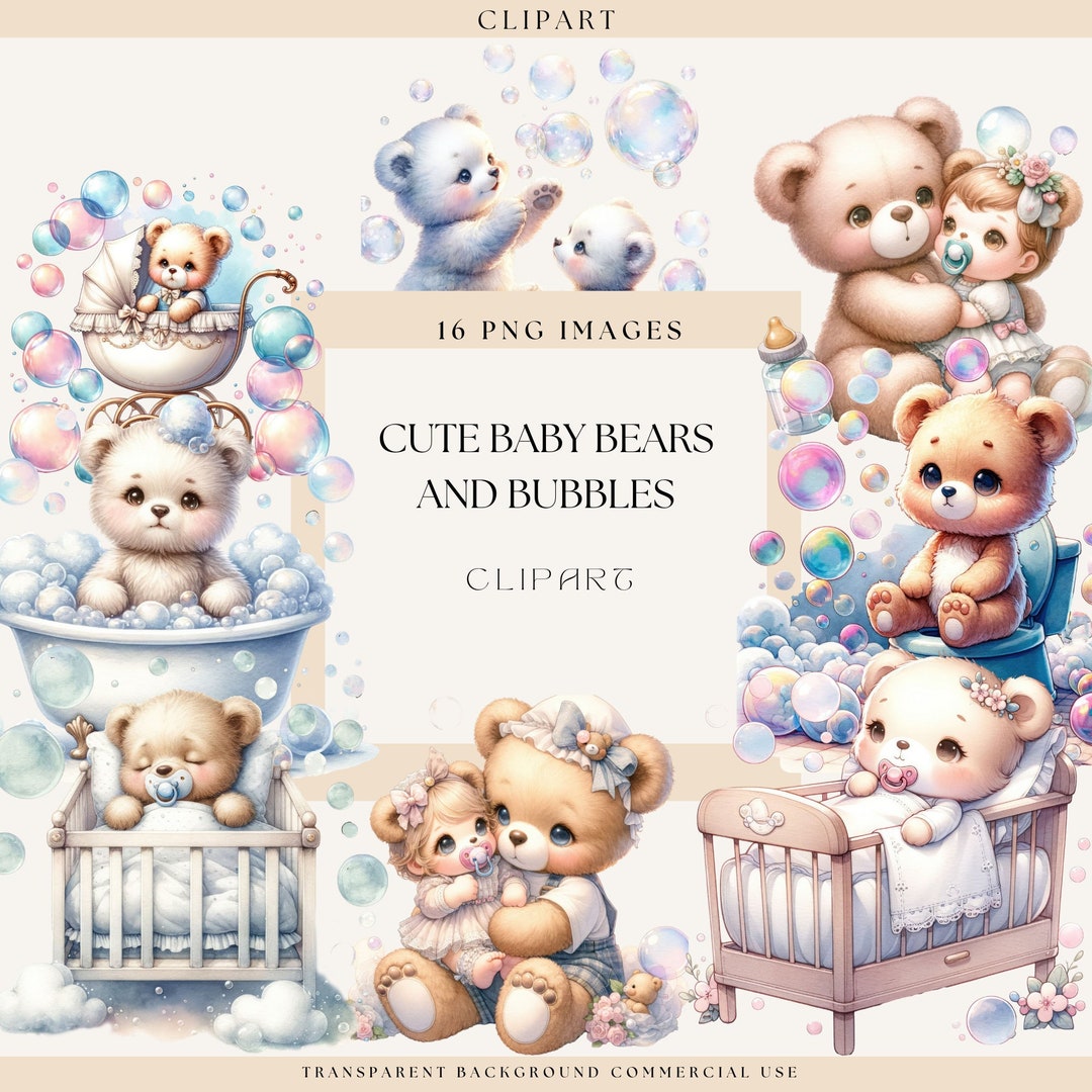 Cute Bear Clipart Bundle, Baby Bear PNG, Bear & Bubbles, Jungle Animals ...