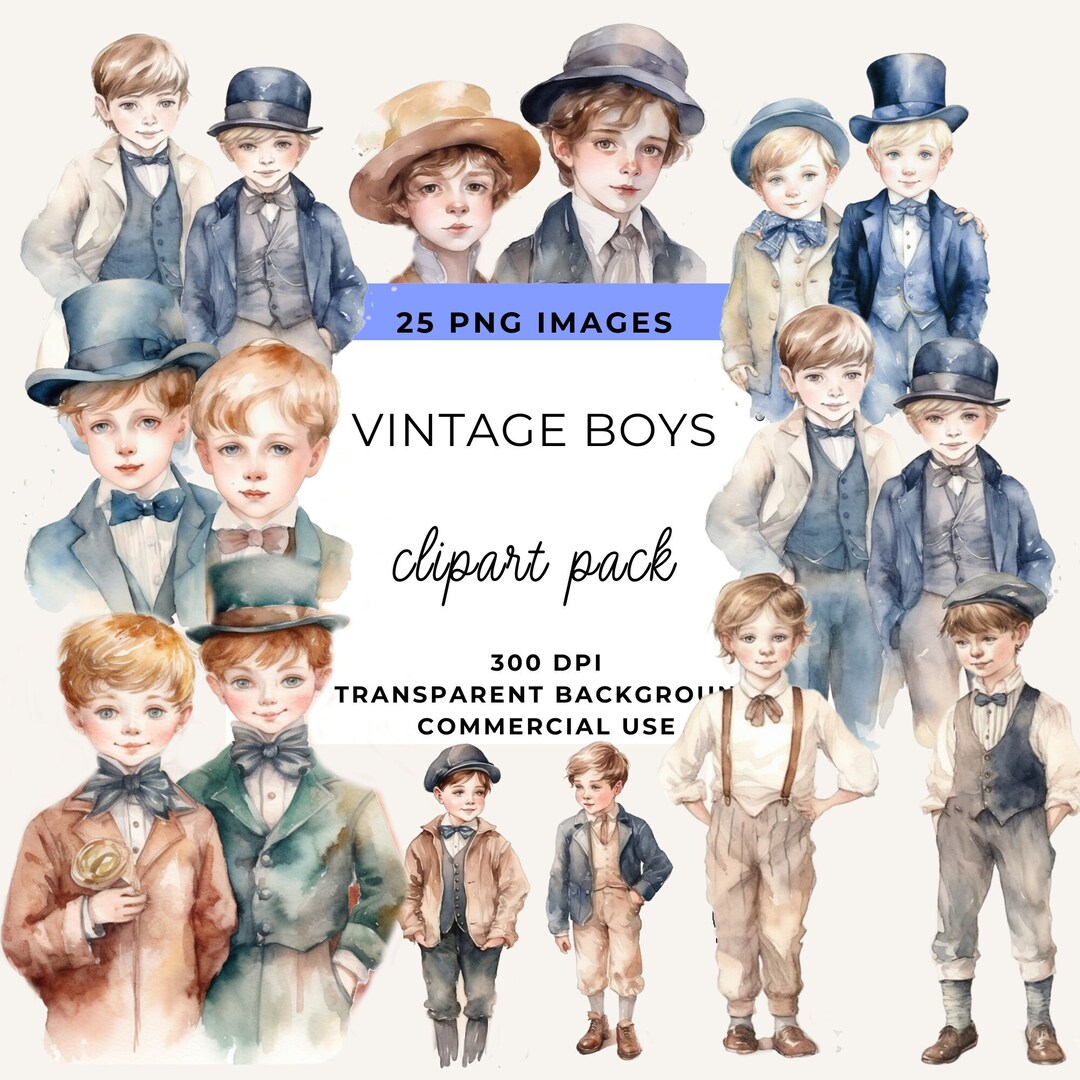 Vintage Boys Clipart, Victorian PNG, Watercolor Clipart, Scrapbook Junk ...