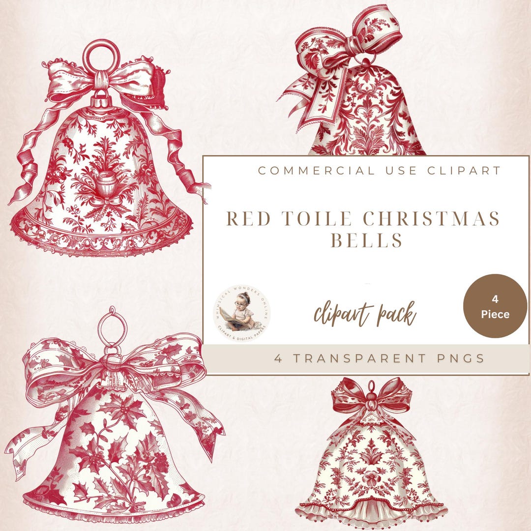 Red Toile Christmas Bell Graphics, Christmas Clip Art, Holiday Clipart ...