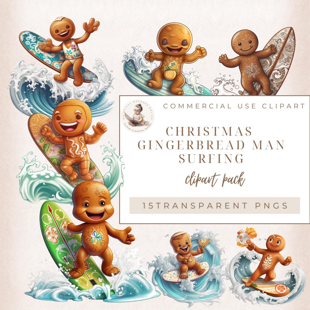 Watercolor Gingerbread Man Surfing Clipart, Christmas Clipart ...