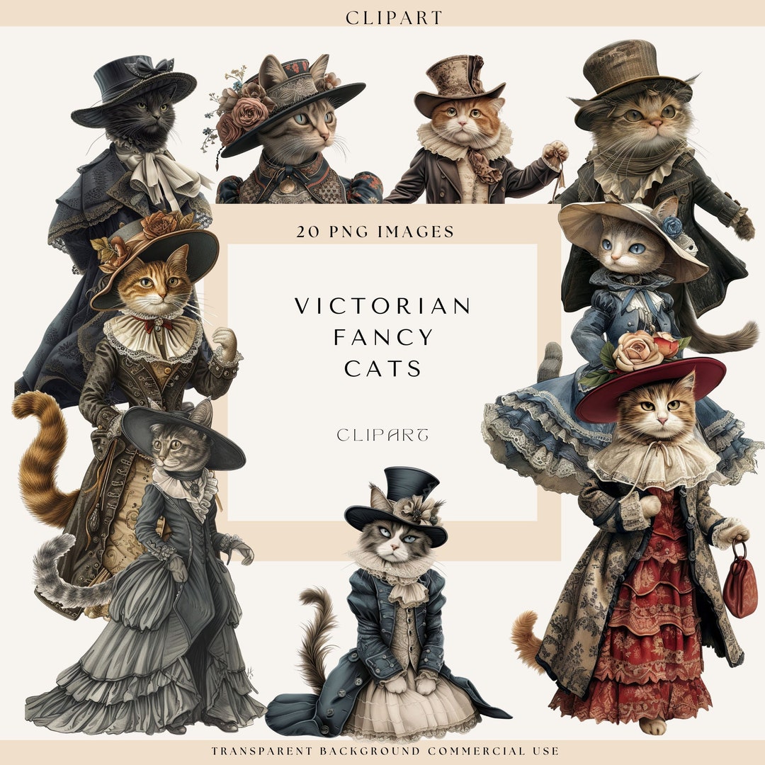 Victorian Clipart, Cats Clipart, Cats Dressed Up, Cat Lovers, Fashion ...