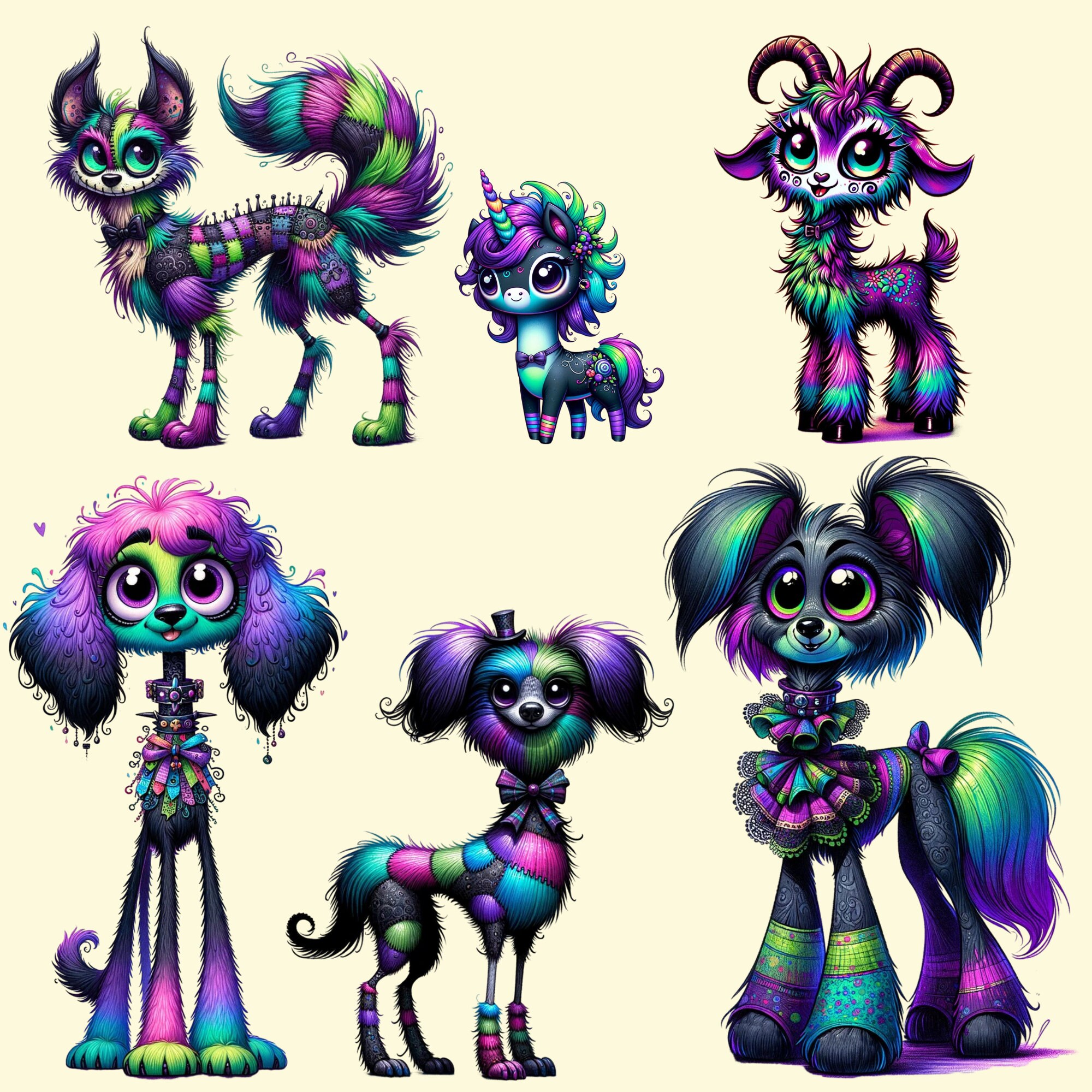Quirky Pets Clipart, Whimsical Neon, Quirky Animals Clip Art, Animal ...