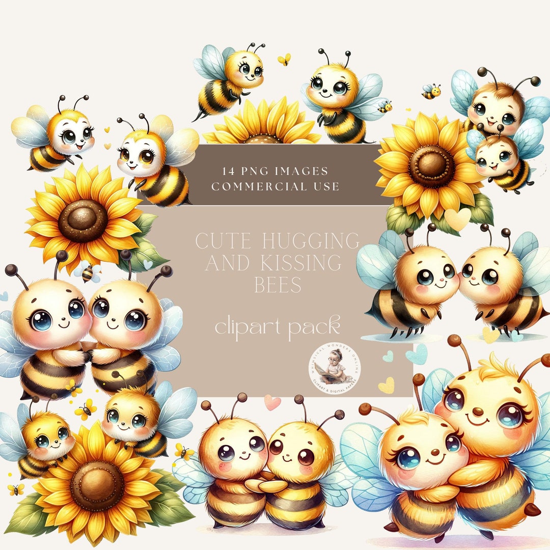 Bee Watercolor Clipart, Cute Bees Hugging, Bees Kissing, Valentine ...