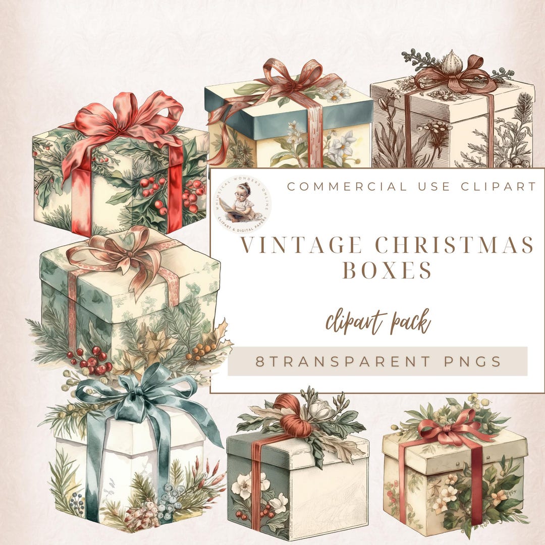 Gift Box Clipart, Gift Boxes Clip Art, Vintage Christmas Clipart, Paper ...