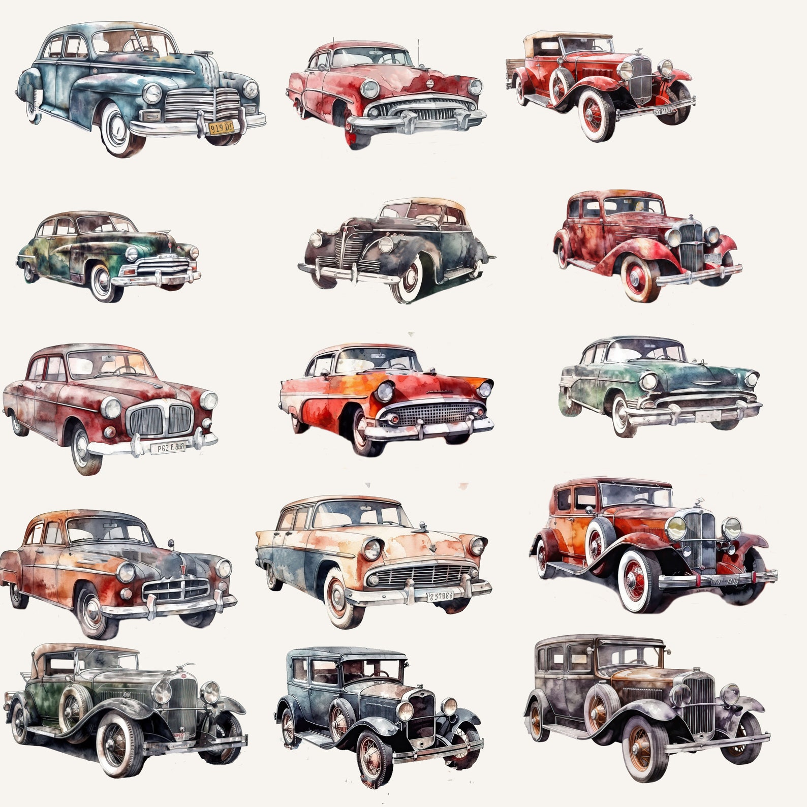 Vintage Cars Clipart, Printable Illustration, Retro Cars, Classic Cars ...