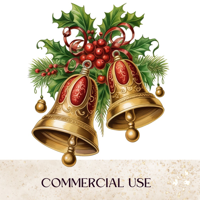 Bell Clip Art, Christmas Clipart, Vintage Holiday Printable, Commercial ...