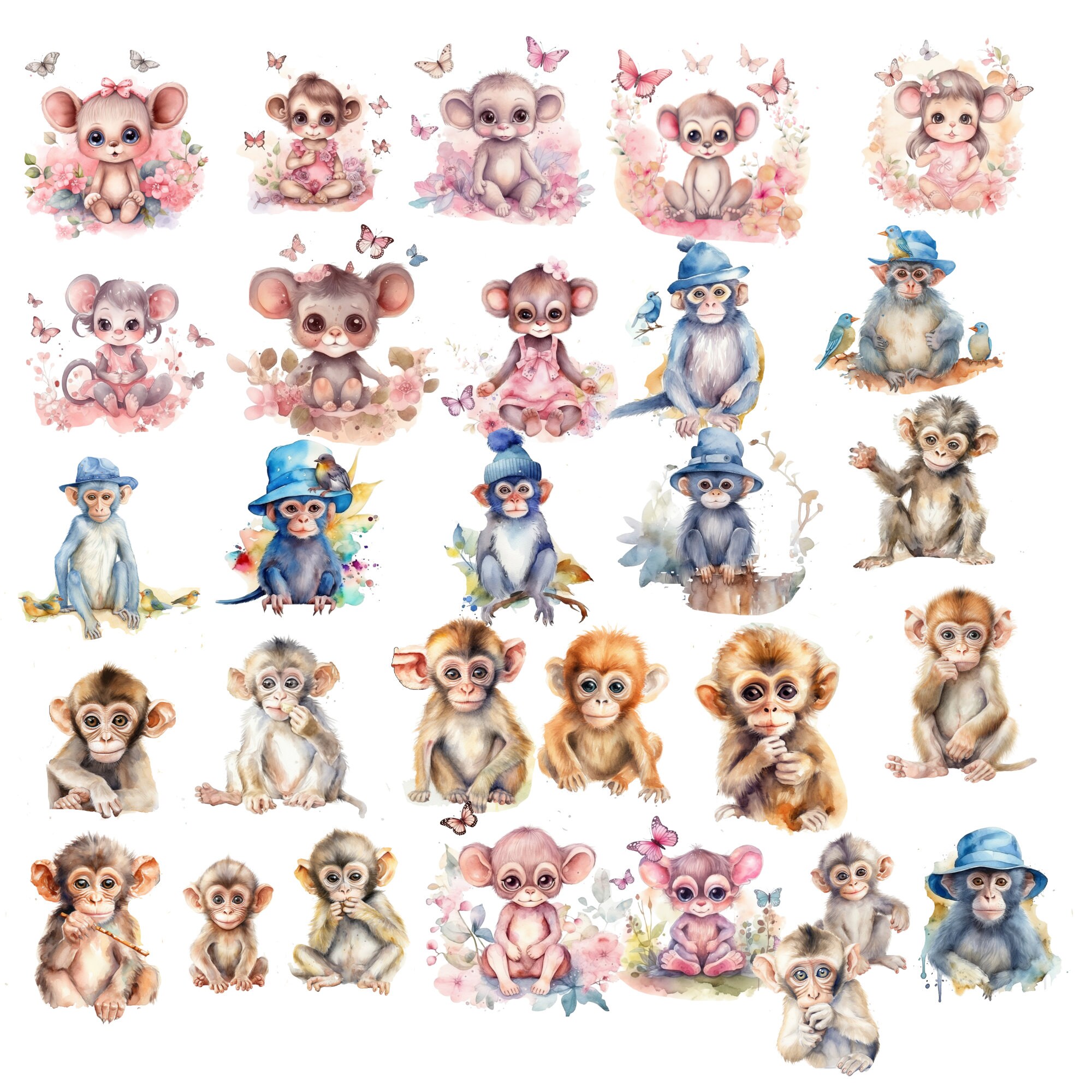 Cute Watercolor Baby Monkey Clipart Set, Monkey PNG, Baby Shower ...