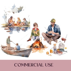 Family Camping Clipart, Fishing Camping in Tents, Travel Clip Art ...