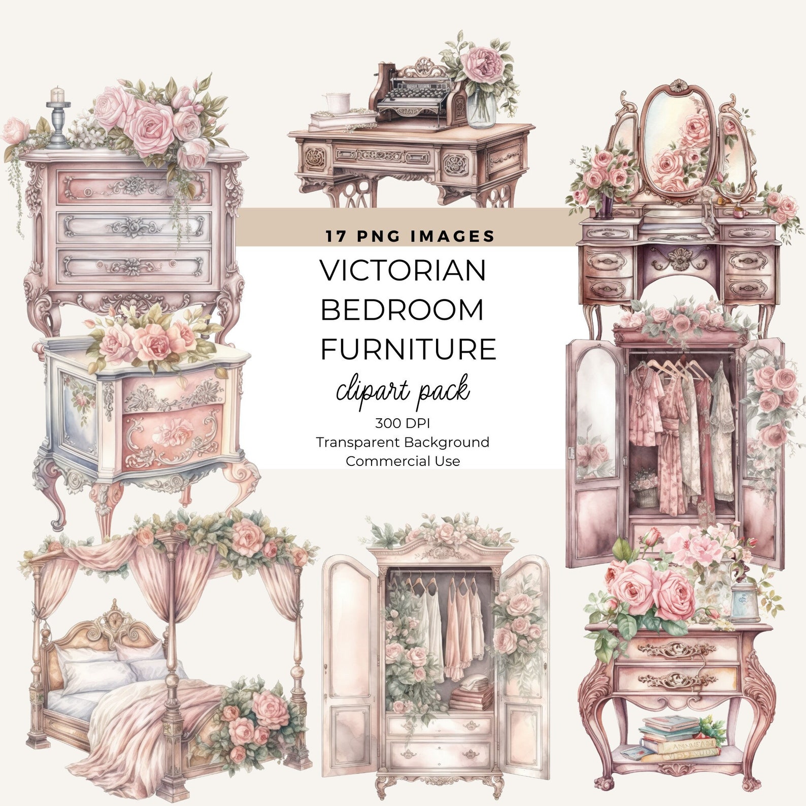Watercolor Victorian Bedroom Furniture Clipart, Console Table ...