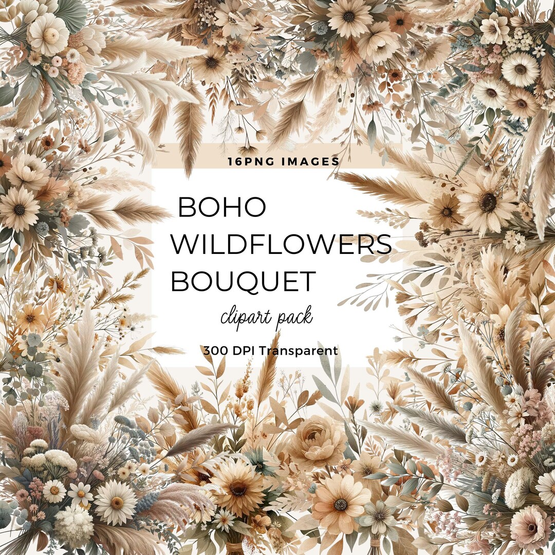 Boho Flowers Clipart, Boho Floral Clipart, Boho Wildflowers PNG, Pampas ...
