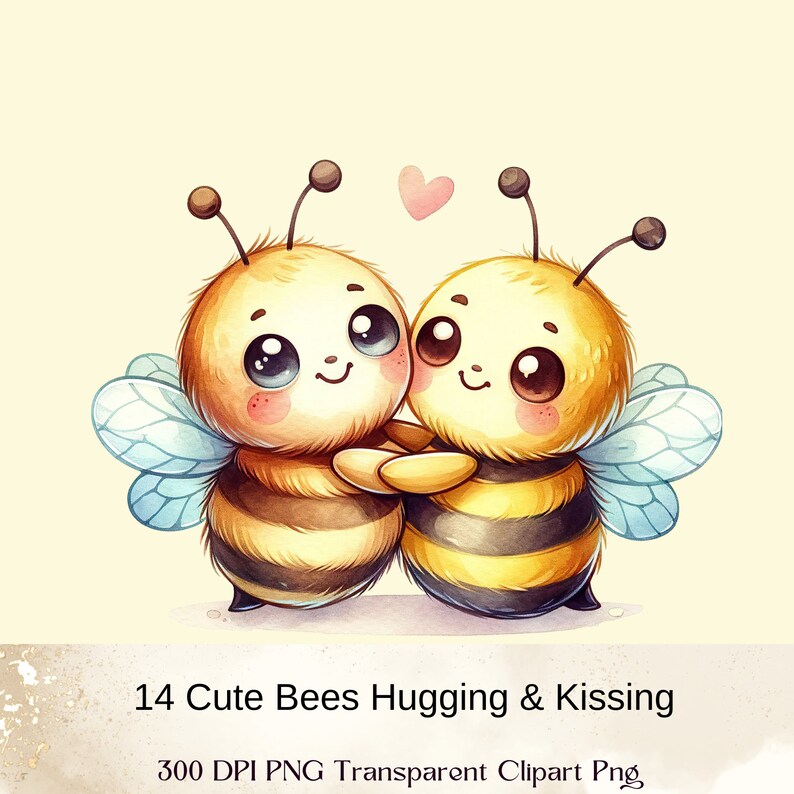 Bee Watercolor Clipart, Cute Bees Hugging, Bees Kissing, Valentine ...