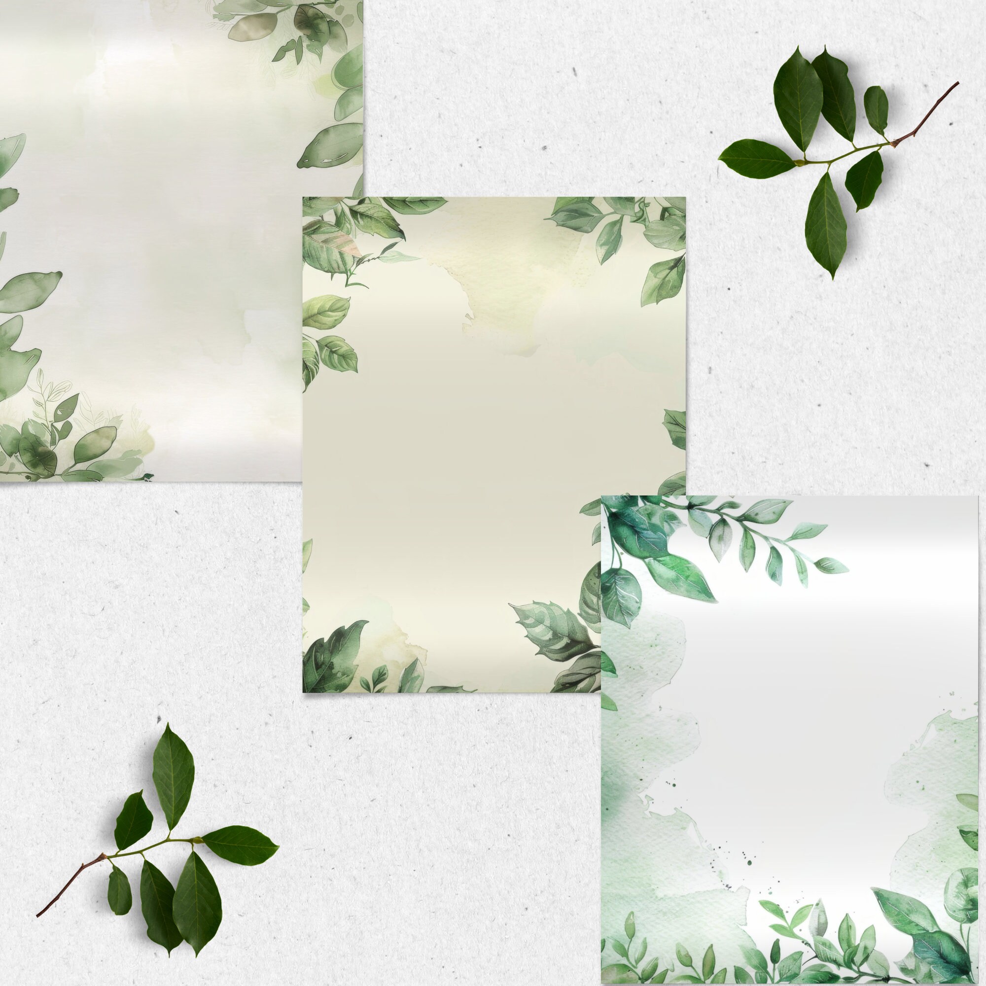 Printable Papers, Watercolor Green Leaves Digital Papers, Watercolor ...