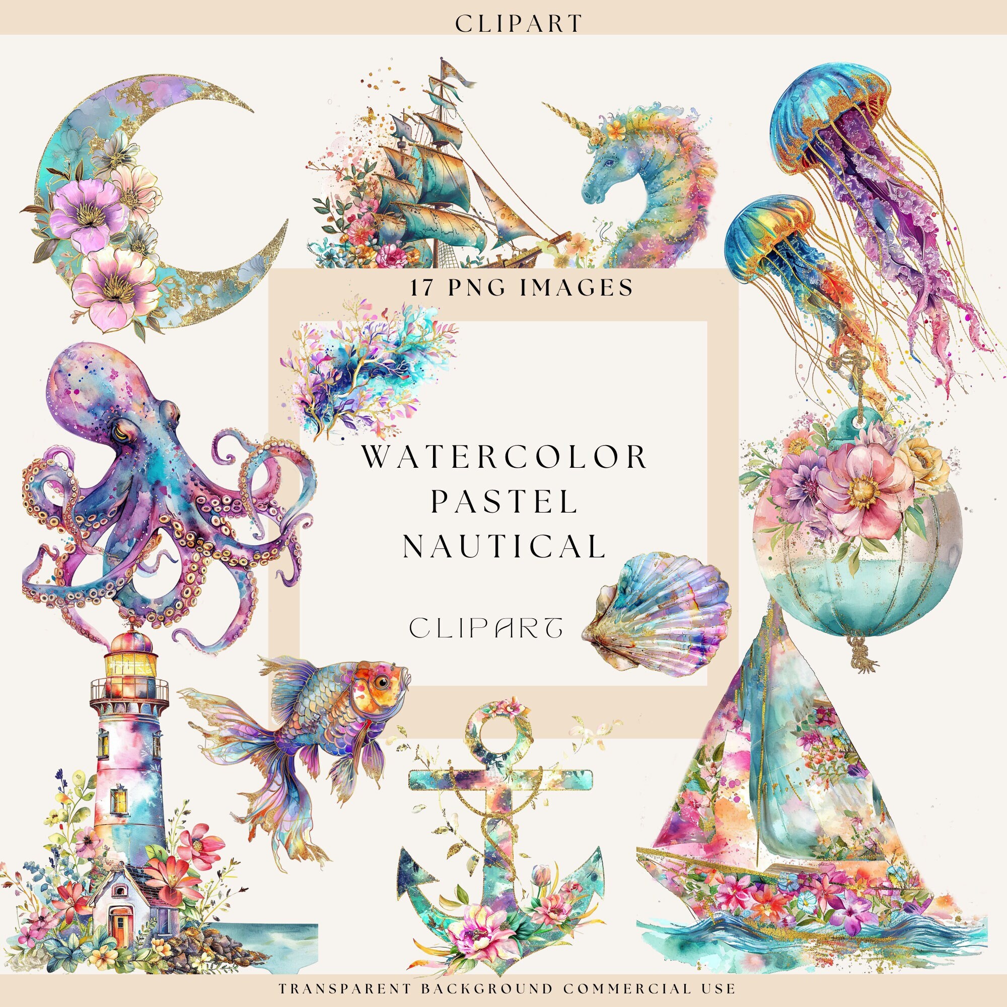 Nautical Watercolor Clipart's, Summer Clipart, Marine Clipart, Nautical ...