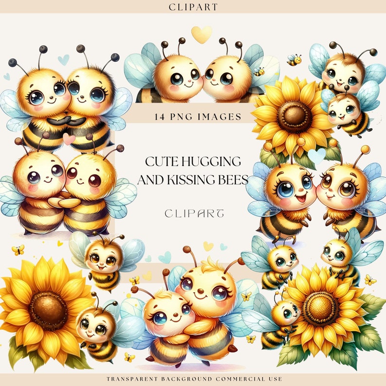 Bee Watercolor Clipart, Cute Bees Hugging, Bees Kissing, Valentine ...