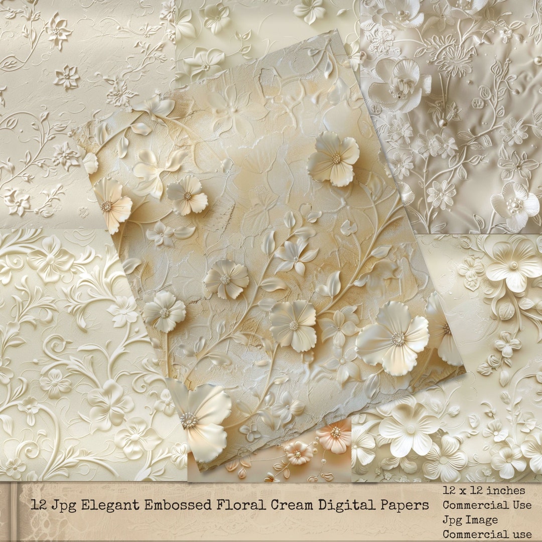 Beige Embossed Floral Digital Flower Papers, Digital Texture ...