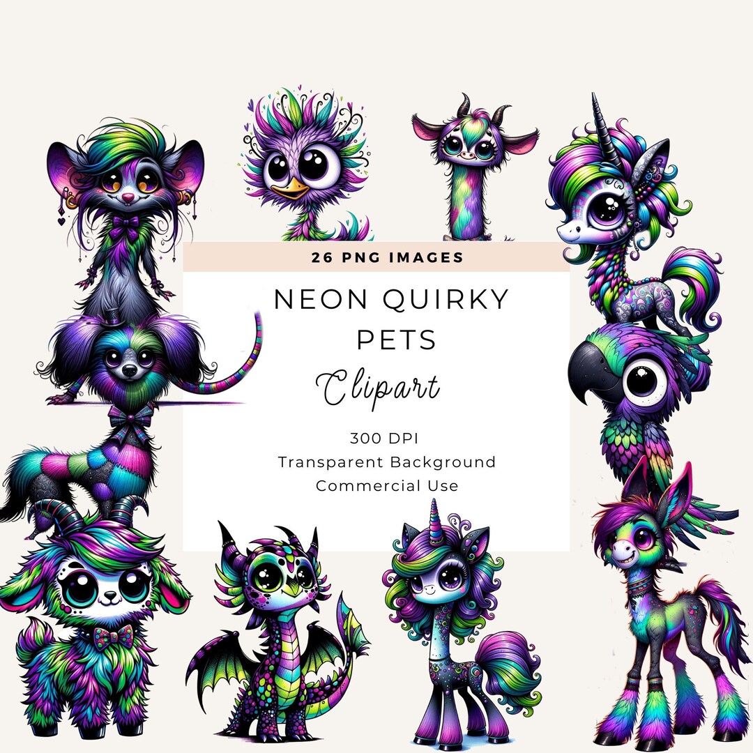 Quirky Pets Clipart, Whimsical Neon, Quirky Animals Clip Art, Animal ...
