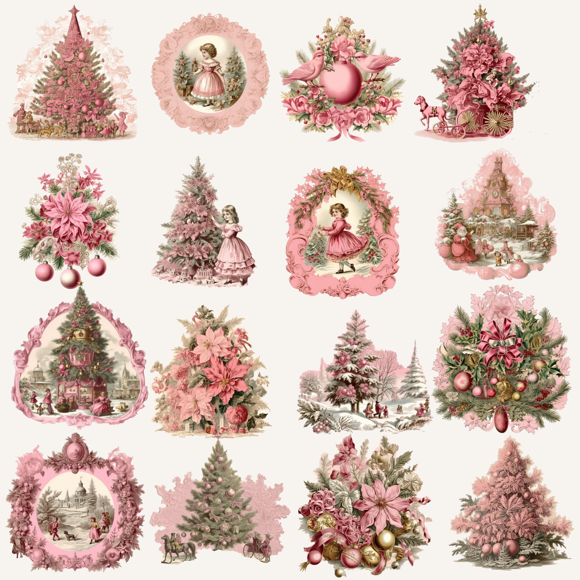 Pink Christmas Clipart, Vintage Pink Christmas PNG, Pink Winter Clipart ...