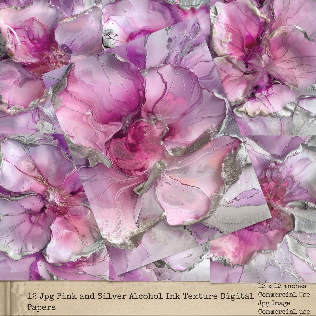 Printable Papers, Alcohol Ink Flower Digital Papers, Pink and Silver ...