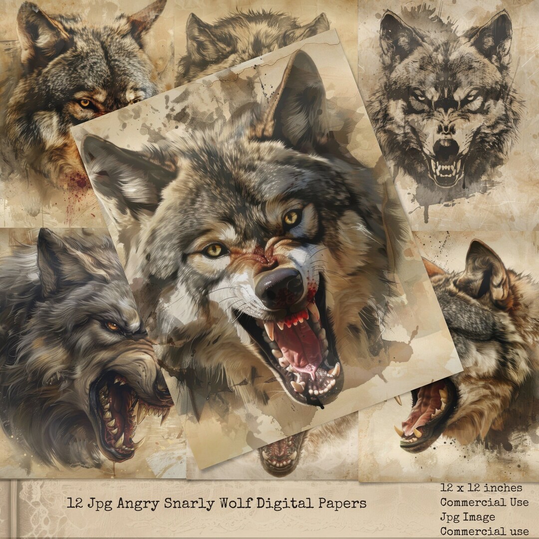 Angry Wolf Digital Papers, Wolf Background Papers, Snarly Wolf Junk ...