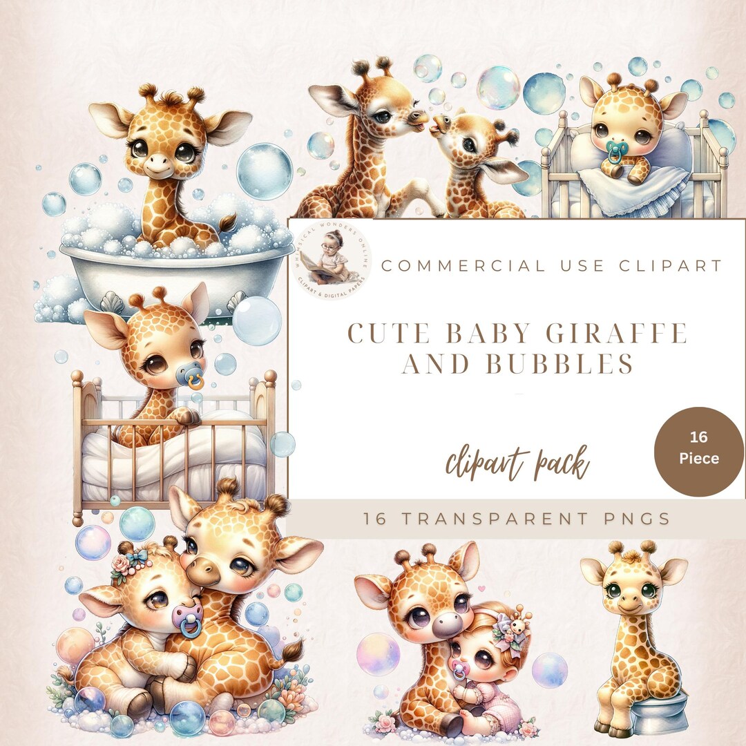 Cute Giraffe Clipart Bundle, Baby Giraffe PNG, Giraffe & Bubbles ...