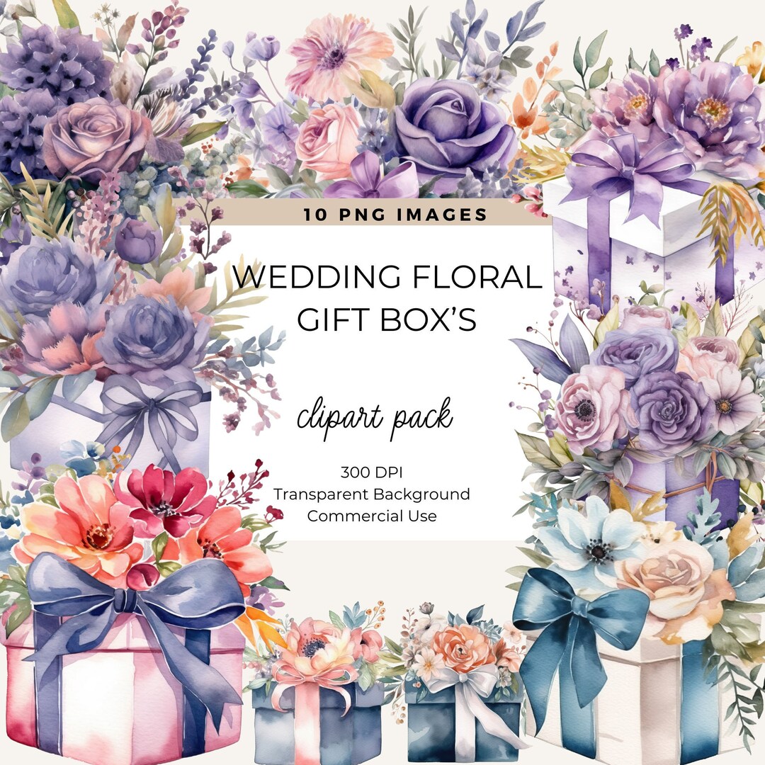 Wedding Floral Gift Box Clipart, Gift Box Digital Images, Watercolor ...